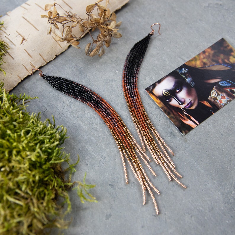 Rust and Gold Beaded Earrings Extra Long Gradient Beaded - Etsy