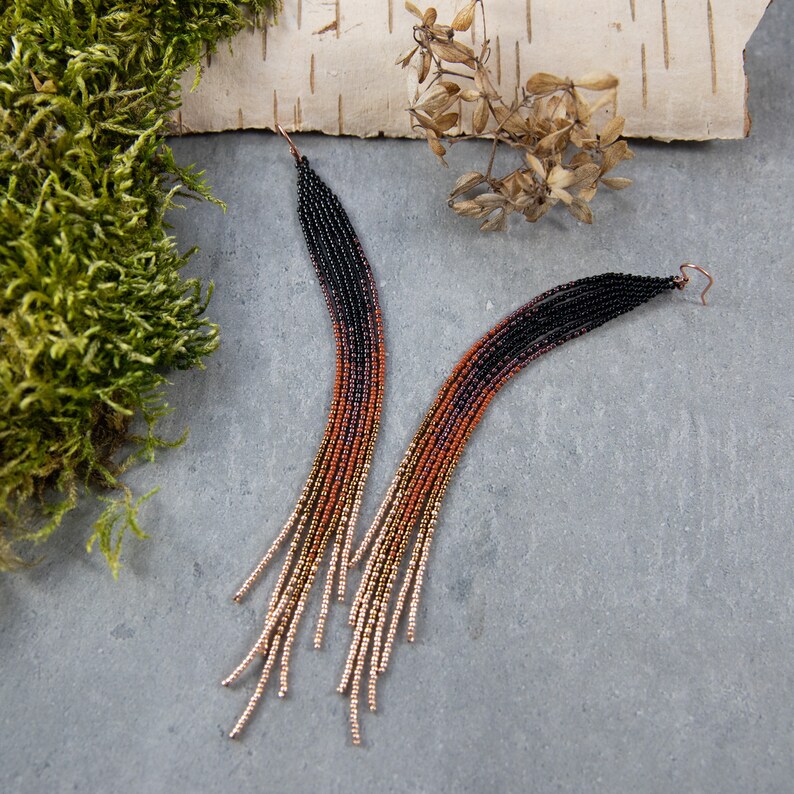 Rust and Gold Beaded Earrings Extra Long Gradient Beaded - Etsy