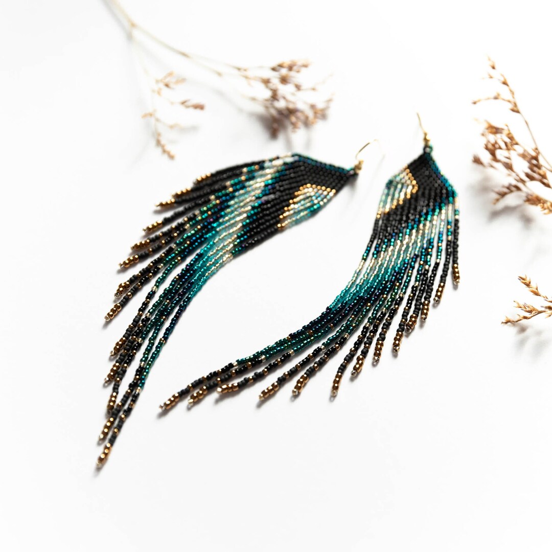 Black Gold Teal Green Drongo Wings Beaded Earrings, Drongo Feather ...