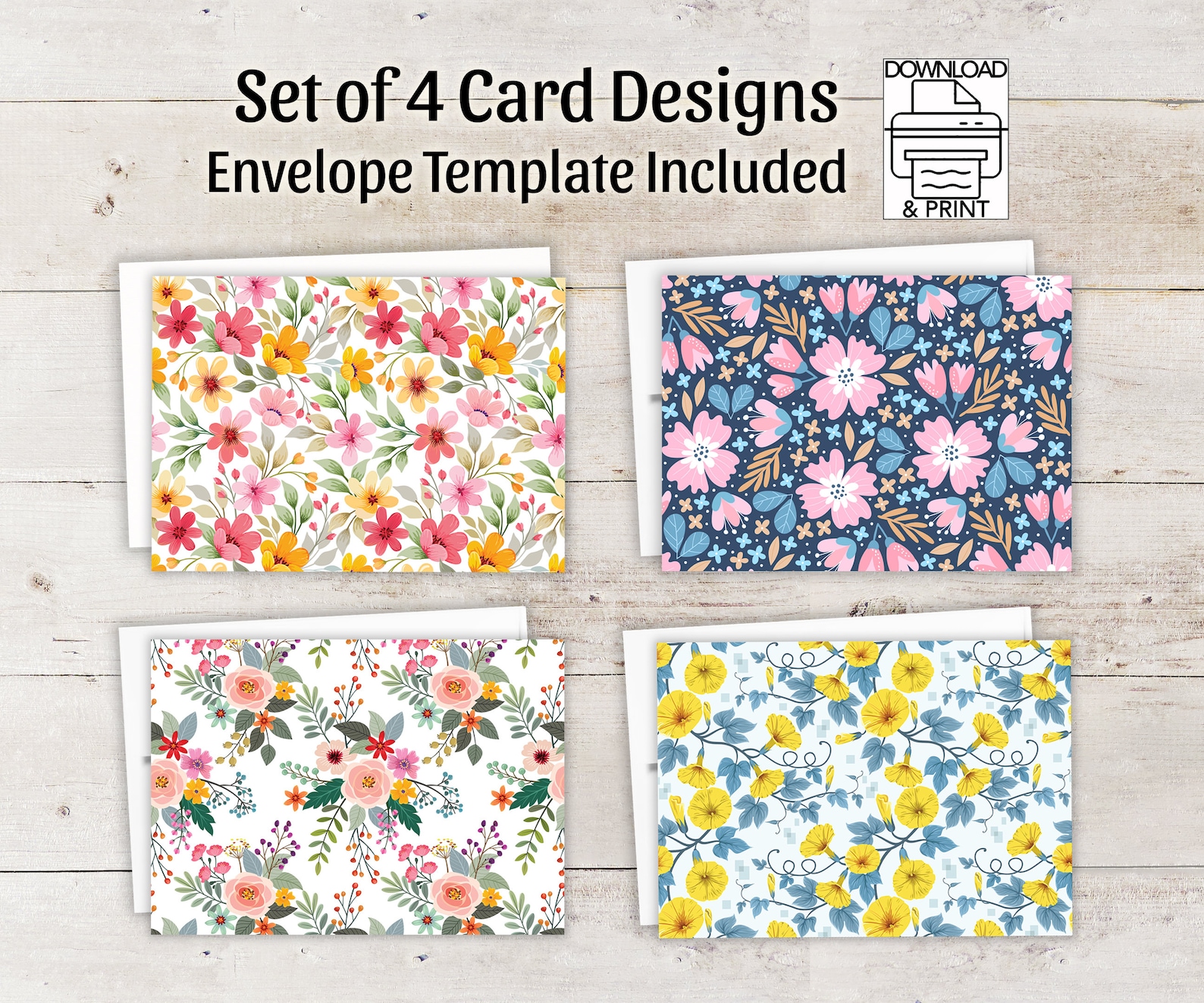 PRINTABLE SET of 4 Notecards,envelope Templates Included,printable ...