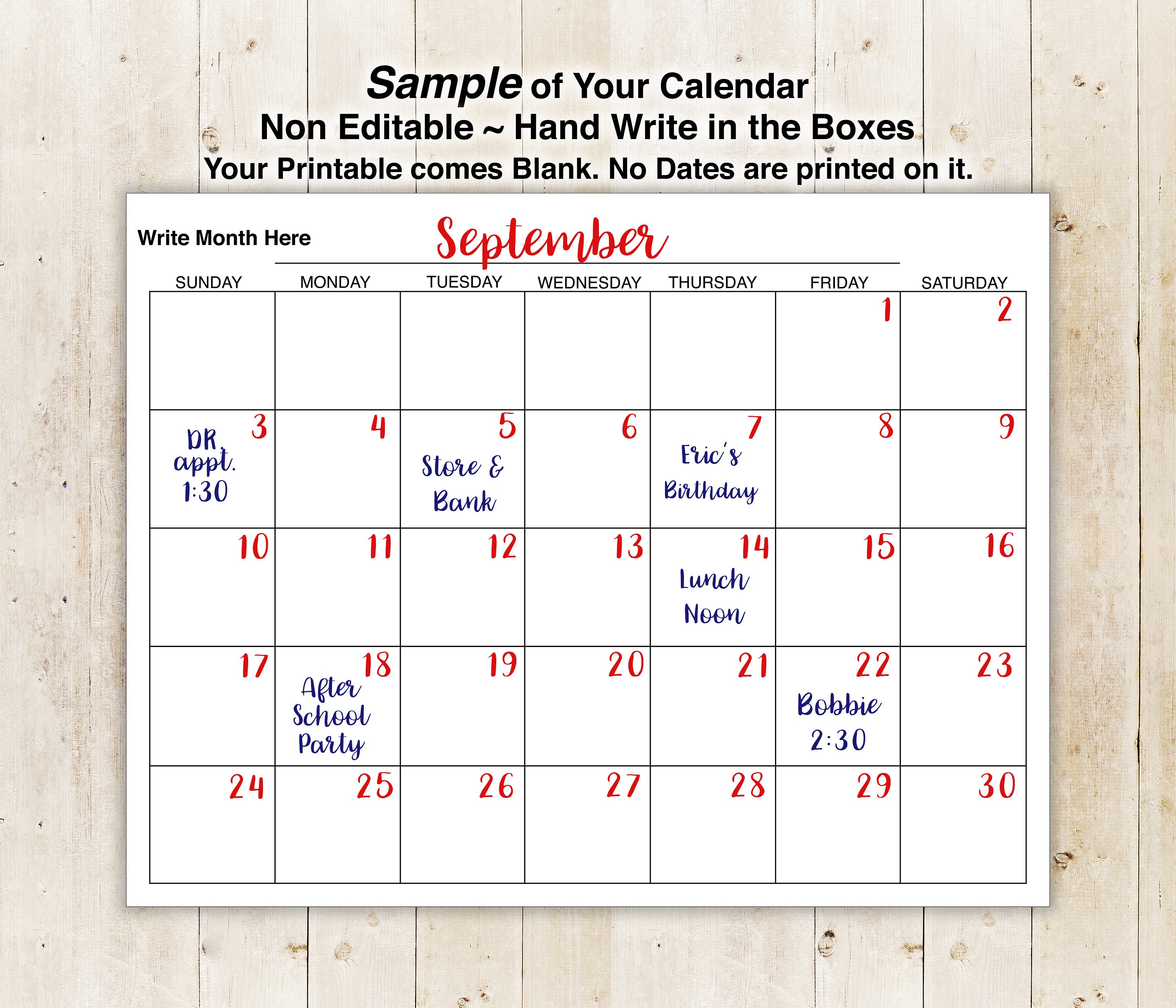 BLANK PRINTABLE Calendar,minimalist Calendar,digital Download,diy ...