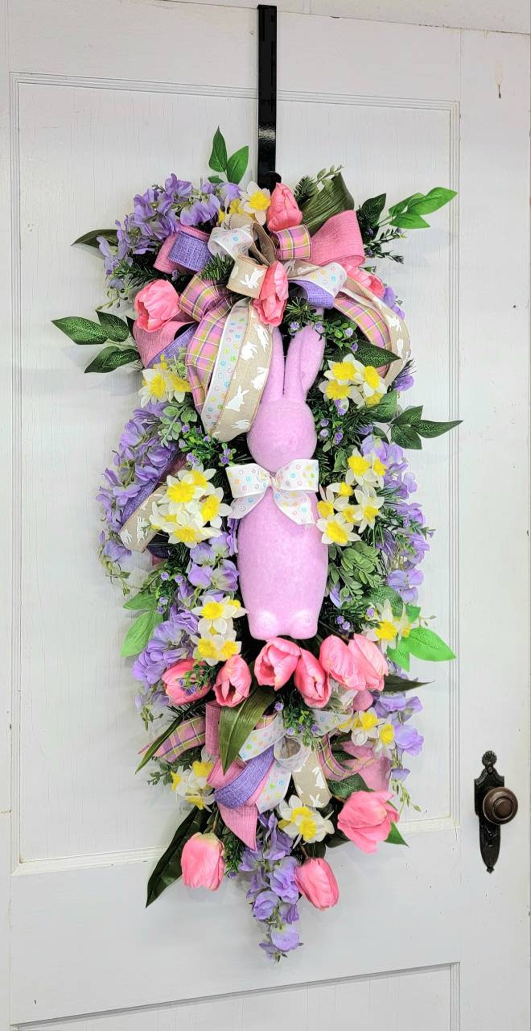 Easter Bunny Swag Wreath, Fuzzy Pink Easter Bunny Wreath, Spring Floral ...