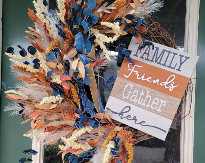 Blue and Orange Autumn Boho Wreath, Fall Boho Wreath for Front Door ...