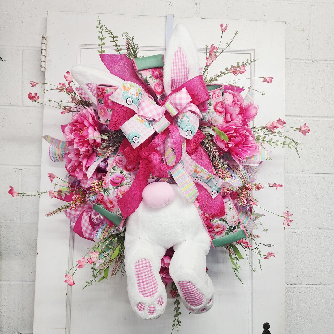 Luxury Easter Bunny Wreath for Front Door, Pink Peony Spring Wreath ...