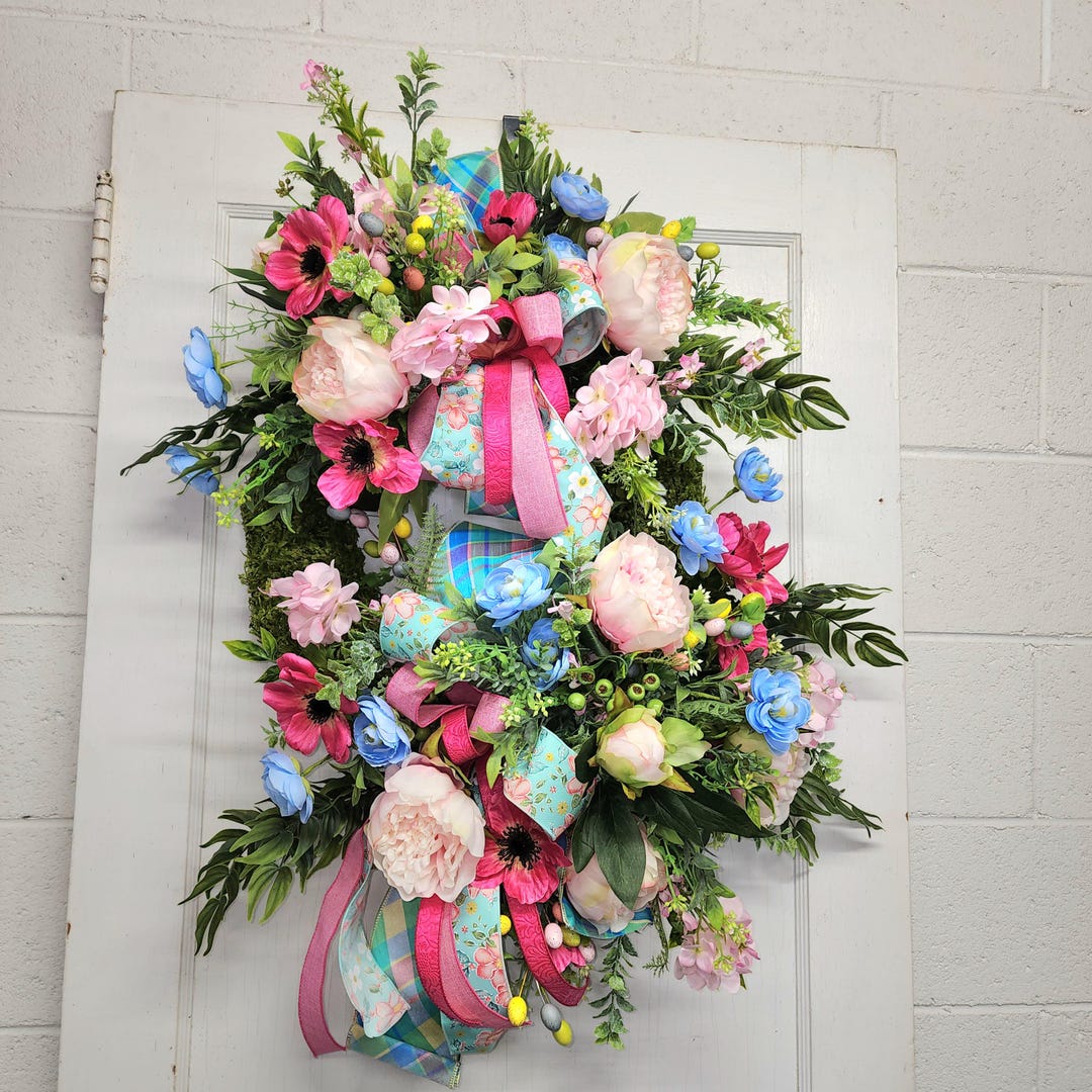 Oval Moss Wreath With Peonies, Anemones, Ranunculus & Pastel Ribbon ...