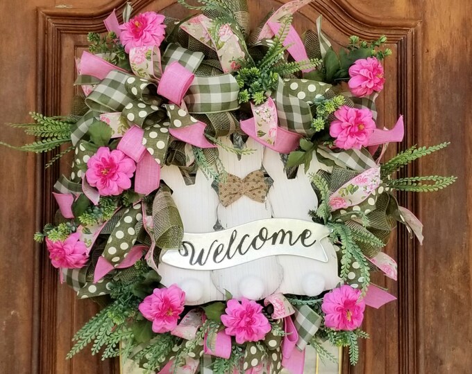 Spring Easter Wreath for Front Door, Easter Bunny Wreath, Pink Floral ...