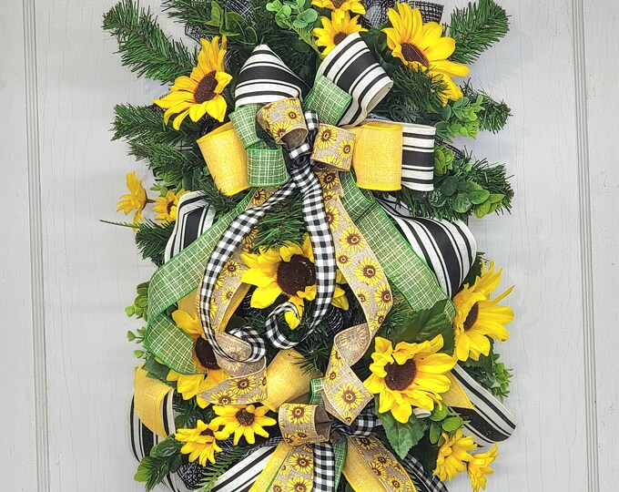 Elegant Greenery Door Swags With Black and White Striped Bows, Set of 2 ...