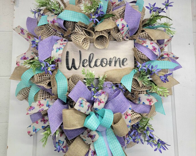 Wildflower Spring Welcome Wreath for Front Door, Large Spring Butterfly ...