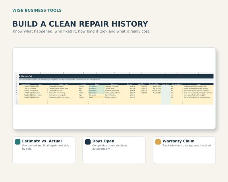 Home Maintenance & Repair Tracker Spreadsheet | Household Maintenance ...