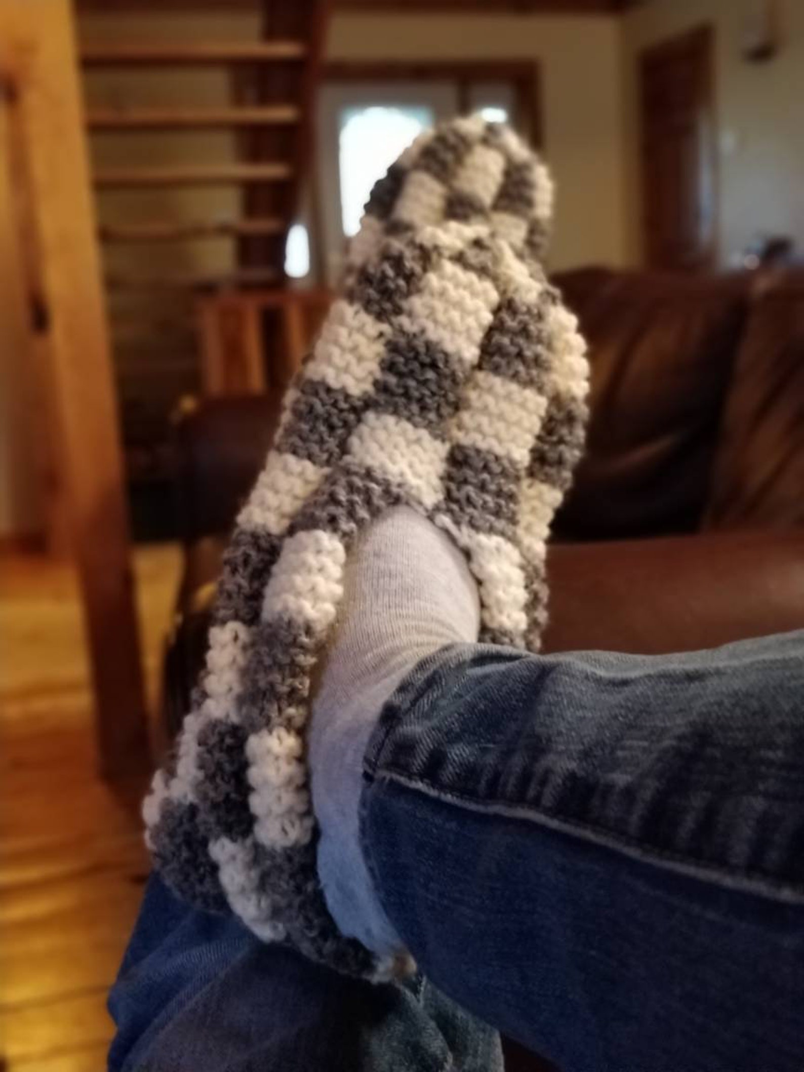 Checkerboard Slippers in Natural and Grey Wool. Handknit | Etsy Canada