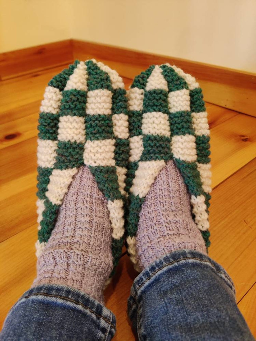 Checkerboard Wool Knit Slippers: Forest Green & White - Etsy