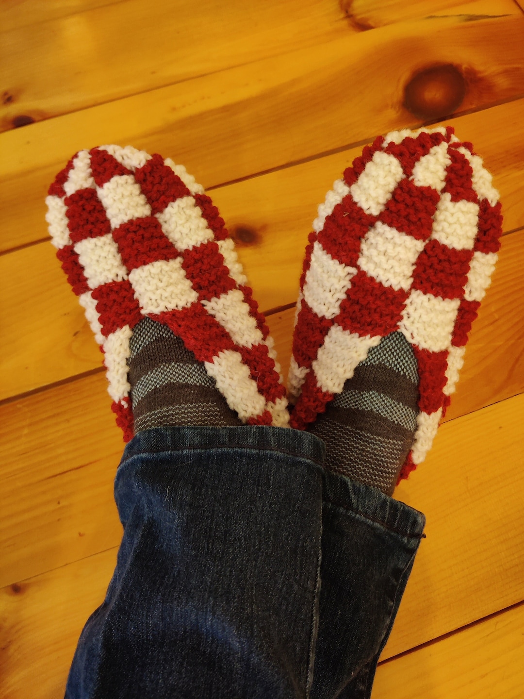 Wool Checkerboard Slippers in Red and White. Phentex Style Slippers ...