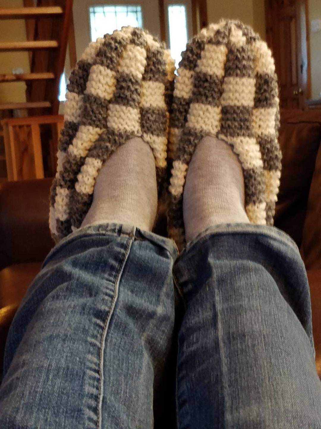 Handknit Wool Checkerboard Slippers: Natural Grey, Made to Order - Etsy