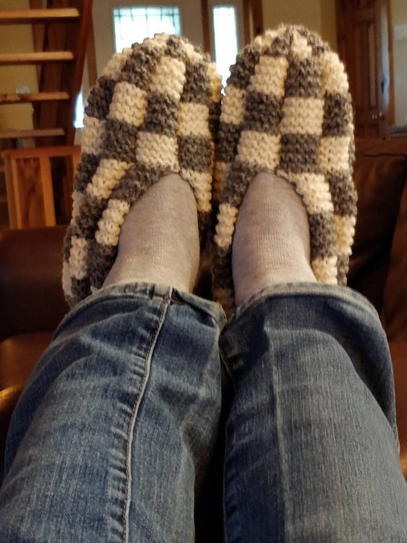 Checkerboard Slippers in Natural and Grey Wool. Handknit | Etsy Canada