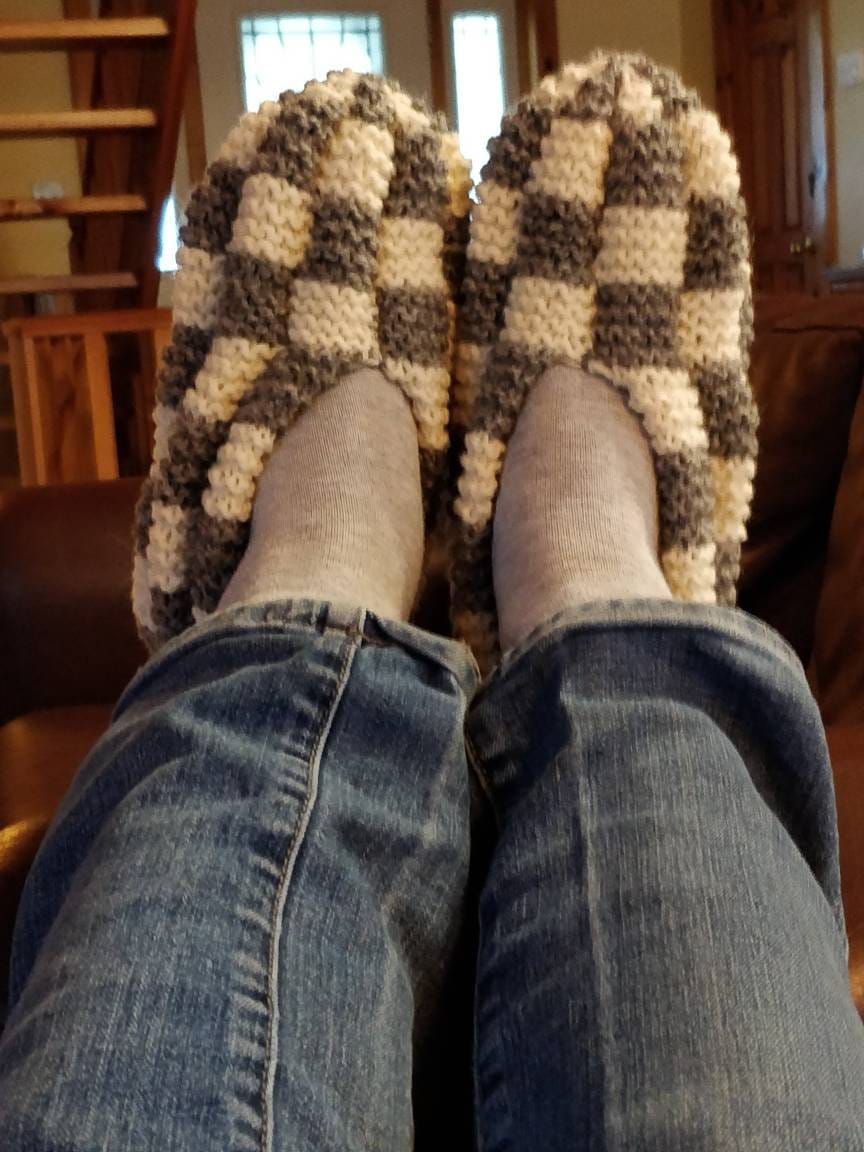Checkerboard Slippers in Natural and Grey Wool. Handknit | Etsy Canada
