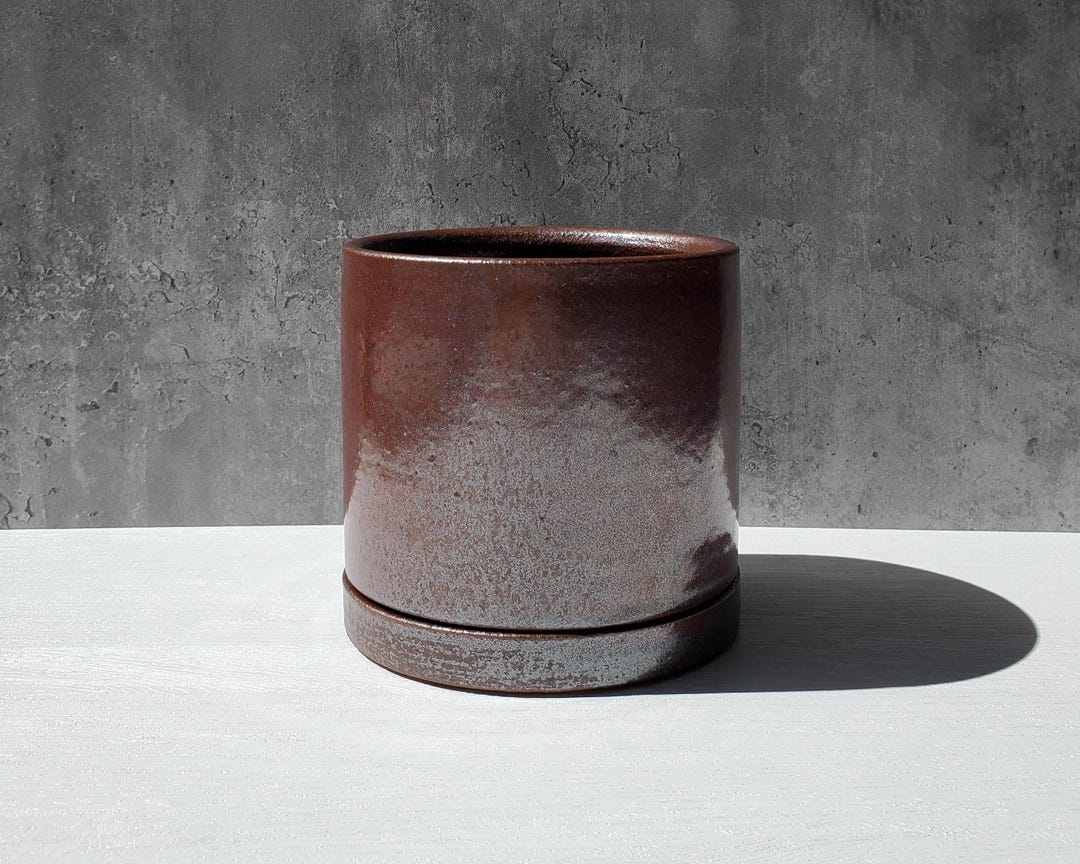 Medium Ceramic Planter With Saucer - Russet Red With Metallic Sheen ...