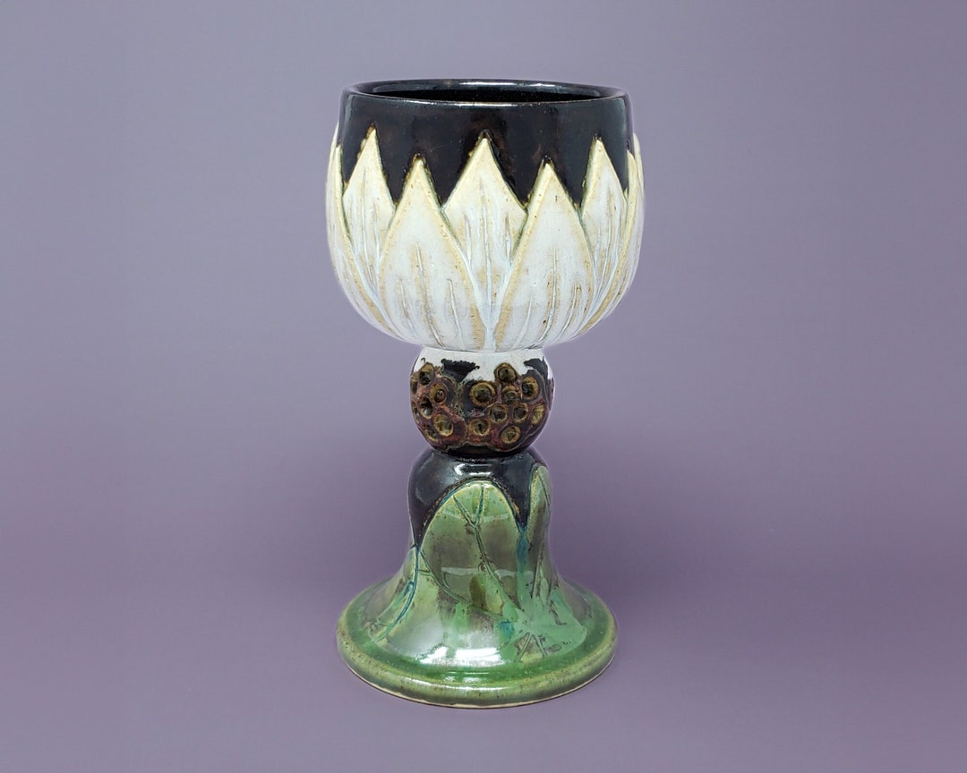 Lotus Pottery Goblet Witchy Chalice Hand Carved Details Goblet for Wine ...