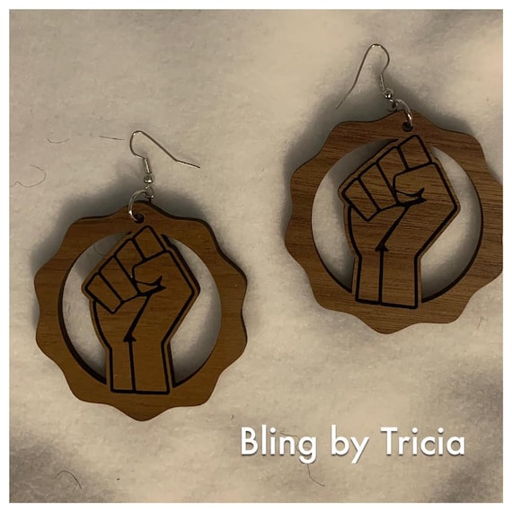 Wood Earrings Black Power Earrings Fist Earrings Black Lives Matter Earrings Juneteenth Earrings Custom Earrings Laser Earrings