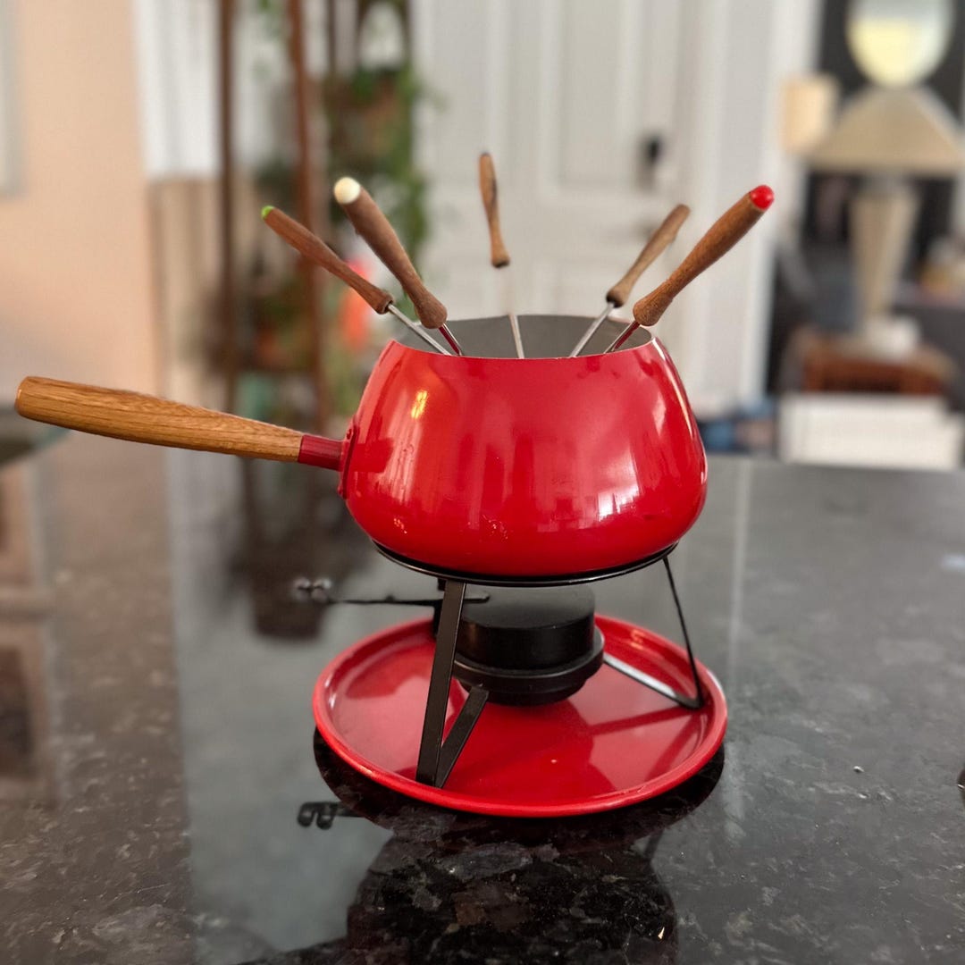 Vintage Red Enamel Fondue Pot Set With Stand & Forks | Mid-century - Etsy