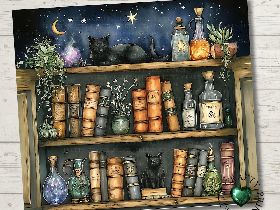 Enchanted Witch’s Bookshelf PNG | Black Cat Library of Spells and ...