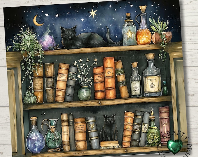 Enchanted Witch’s Bookshelf PNG | Black Cat Library of Spells and ...