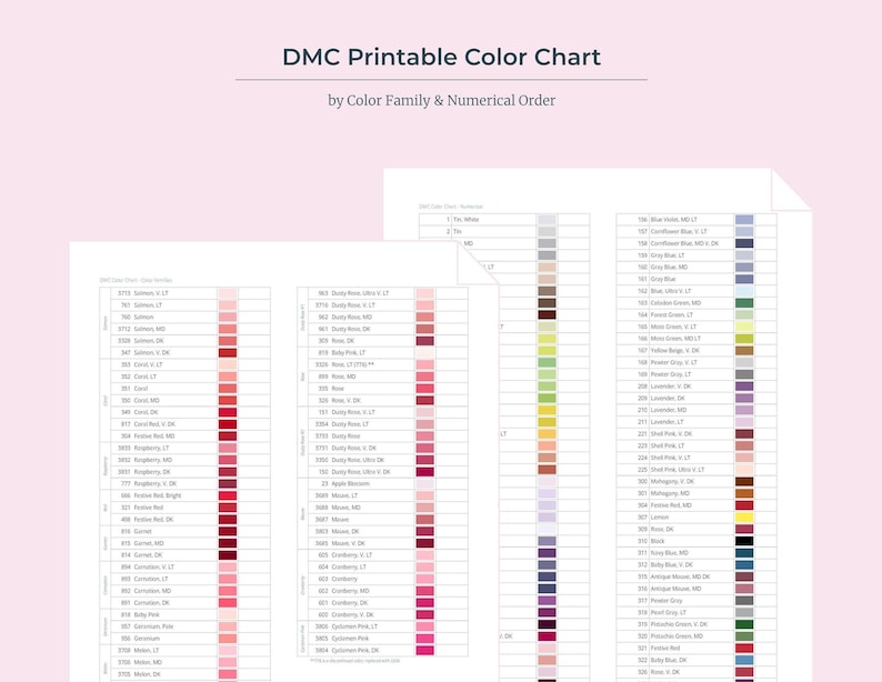 Printable Dmc Color Chart Pdf Download Etsy