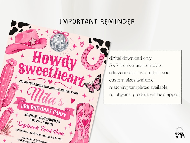 Pink Redeo Birthday Party Invitation | Cowgirl Birthday Invite ...