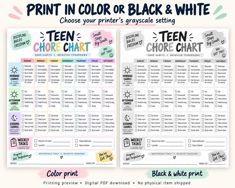 Teen Chore Chart Printable | Weekly Routine Checklist (Digital Download ...