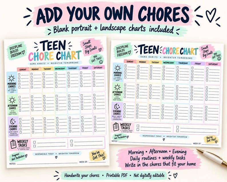 Teen Chore Chart Printable | Weekly Routine Checklist (Digital Download ...