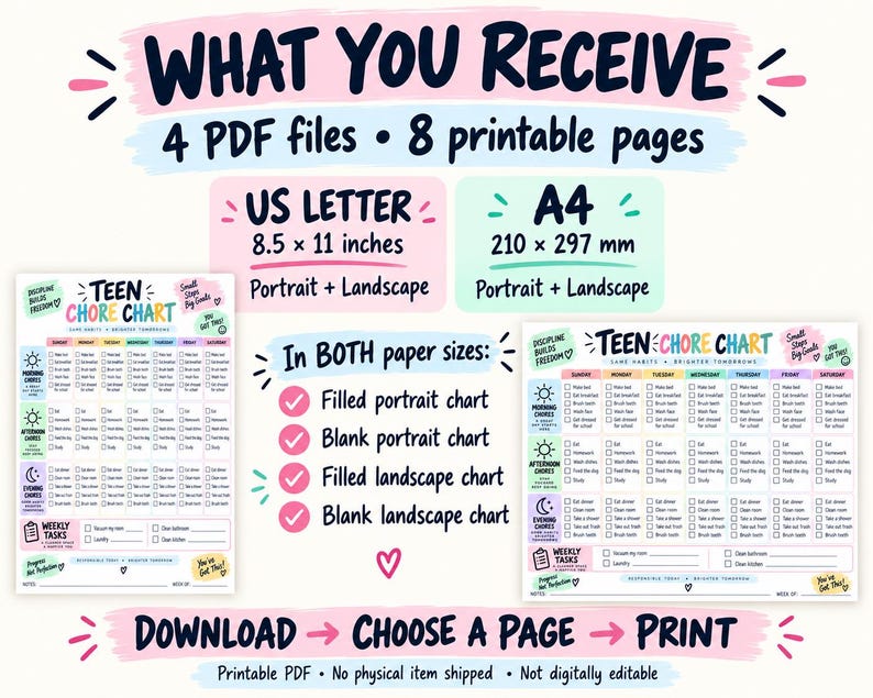 Teen Chore Chart Printable | Weekly Routine Checklist (Digital Download ...