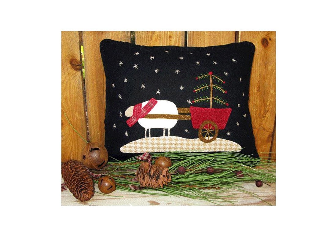 Winter Wool Applique Pillow Pattern, Joy Sleigh and Christmas Sheep ...