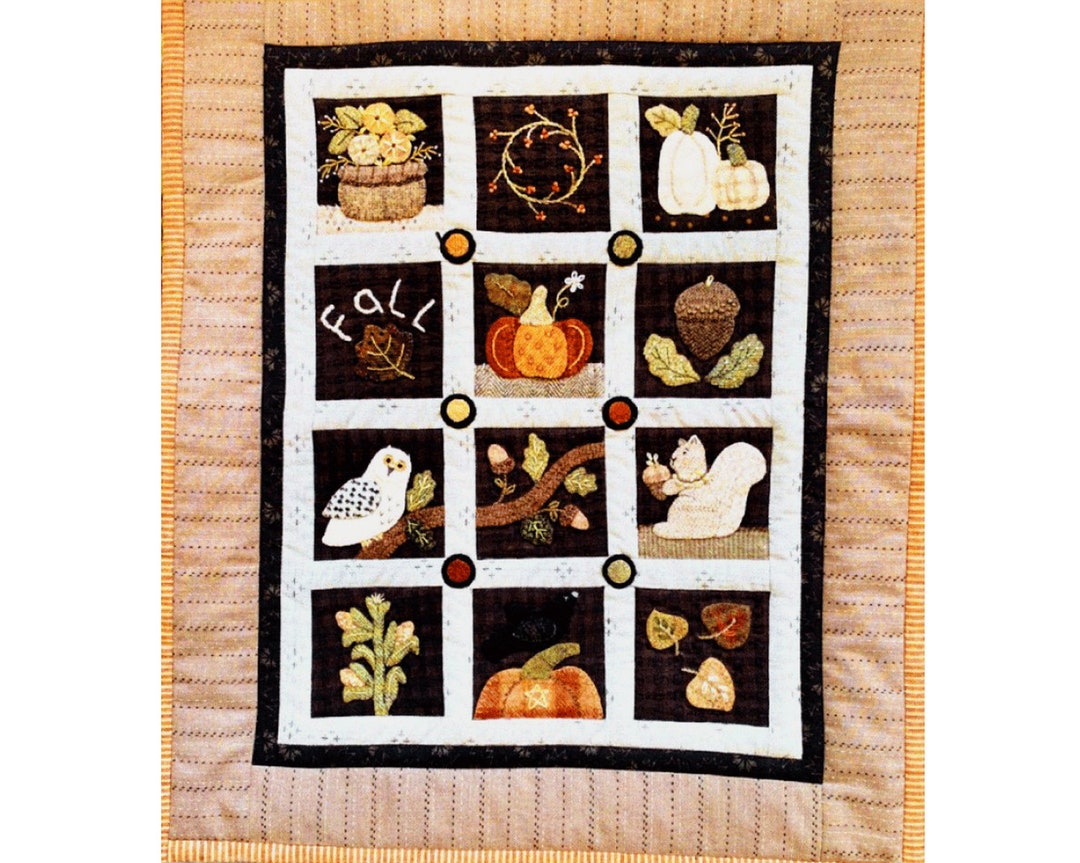 Twelve Fall Scenes in One Pattern Wool Applique Patterns Autumn Sampler ...