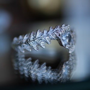 Fern Leaf Ring With Salt and Pepper Diamond, White Gold Ring, Twig Ring, Leaf Ring, Ferns ...