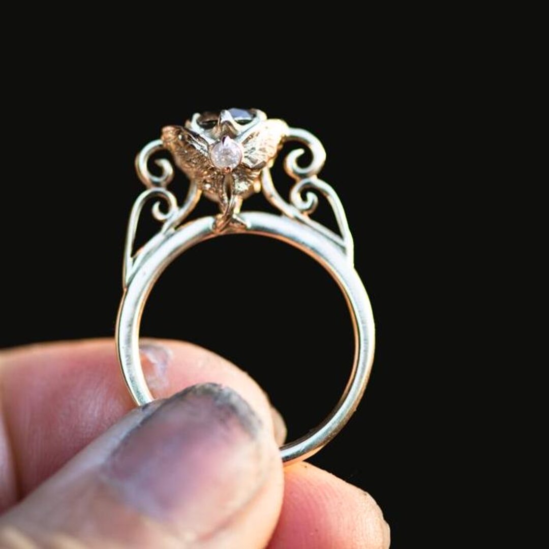 Luna Moth Ring, With Filigree Scrollwork, a Asteriated Green Diamond ...