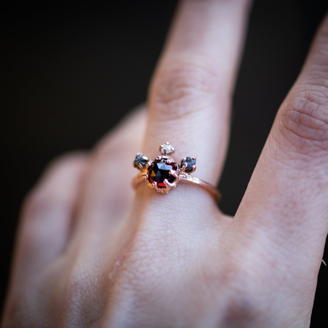 Persephone Ring in 14K Rose Gold With Rose Cut Garnet and Uncut Raw ...