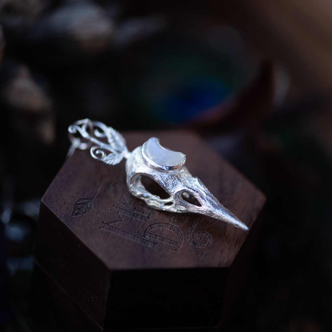 Bird Crow Skull With Crescent Moon Moonstone Swirly Vines and Leaves ...
