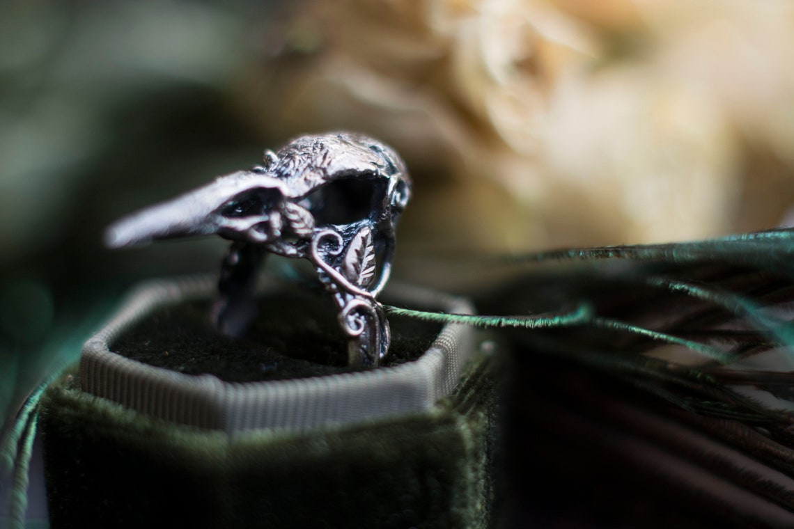 Raven Crow Skull Ring Handmade Skull Ring Overgrown With - Etsy