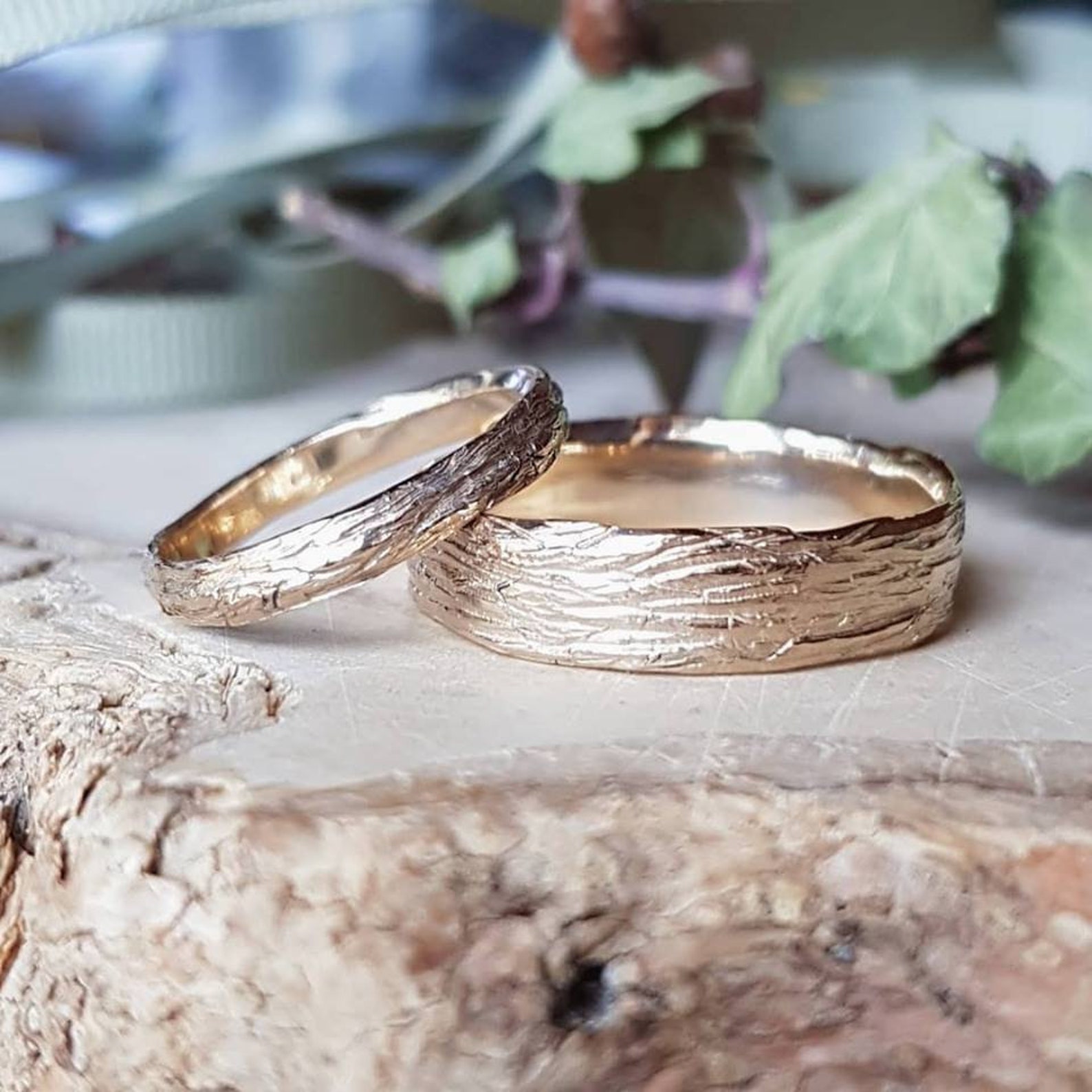 Custom Bark Ring With Birch Leaves Wedding Band Ring for Men | Etsy