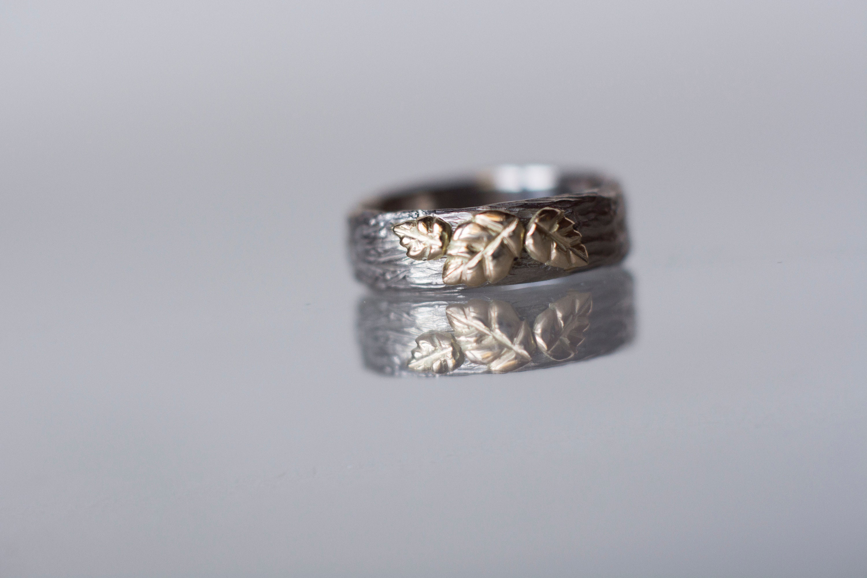 Custom Bark Ring with Birch Leaves Wedding Band Ring For Men | Etsy