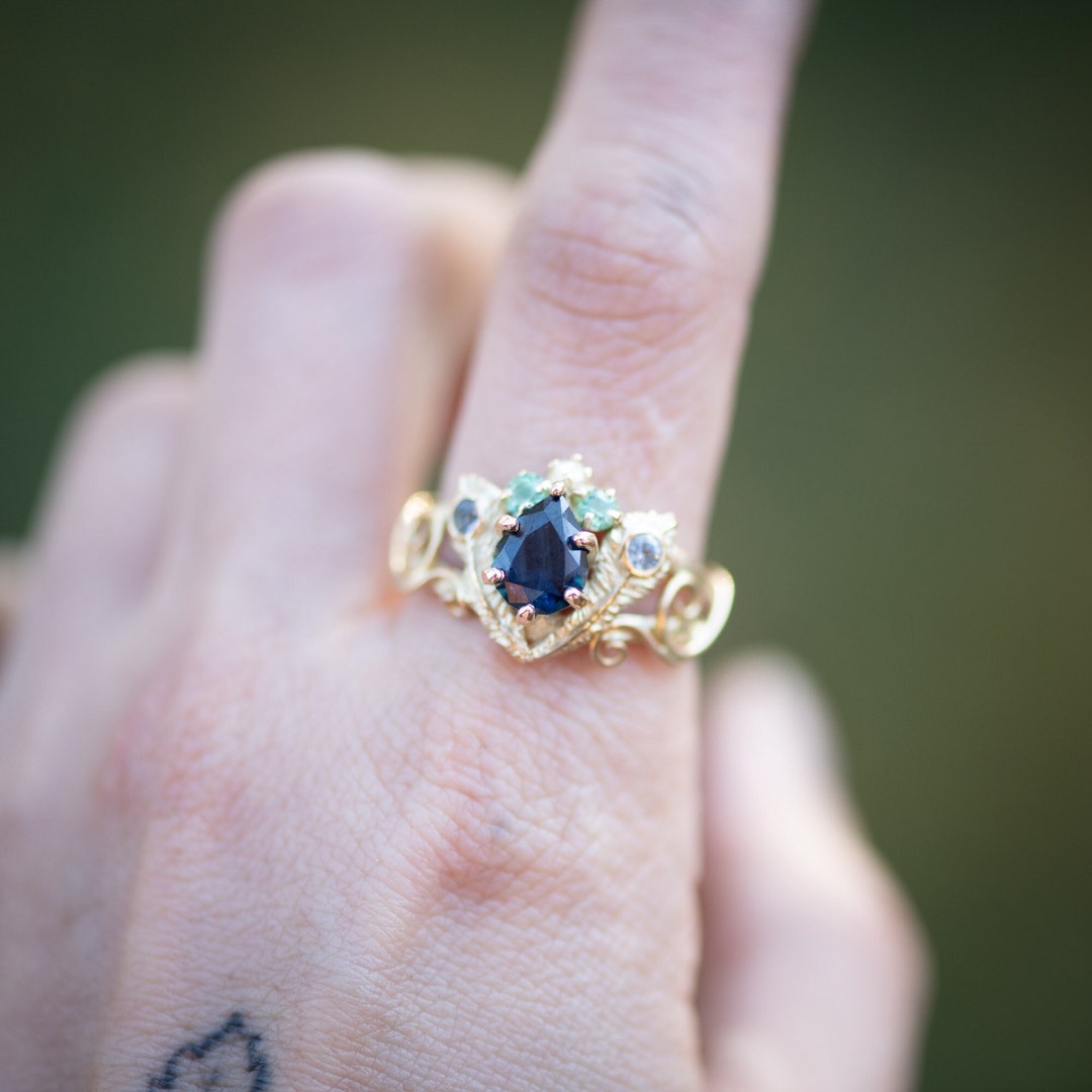 Peacock Feather Ring in 14k Yellow Gold With Australian Sapphire ...