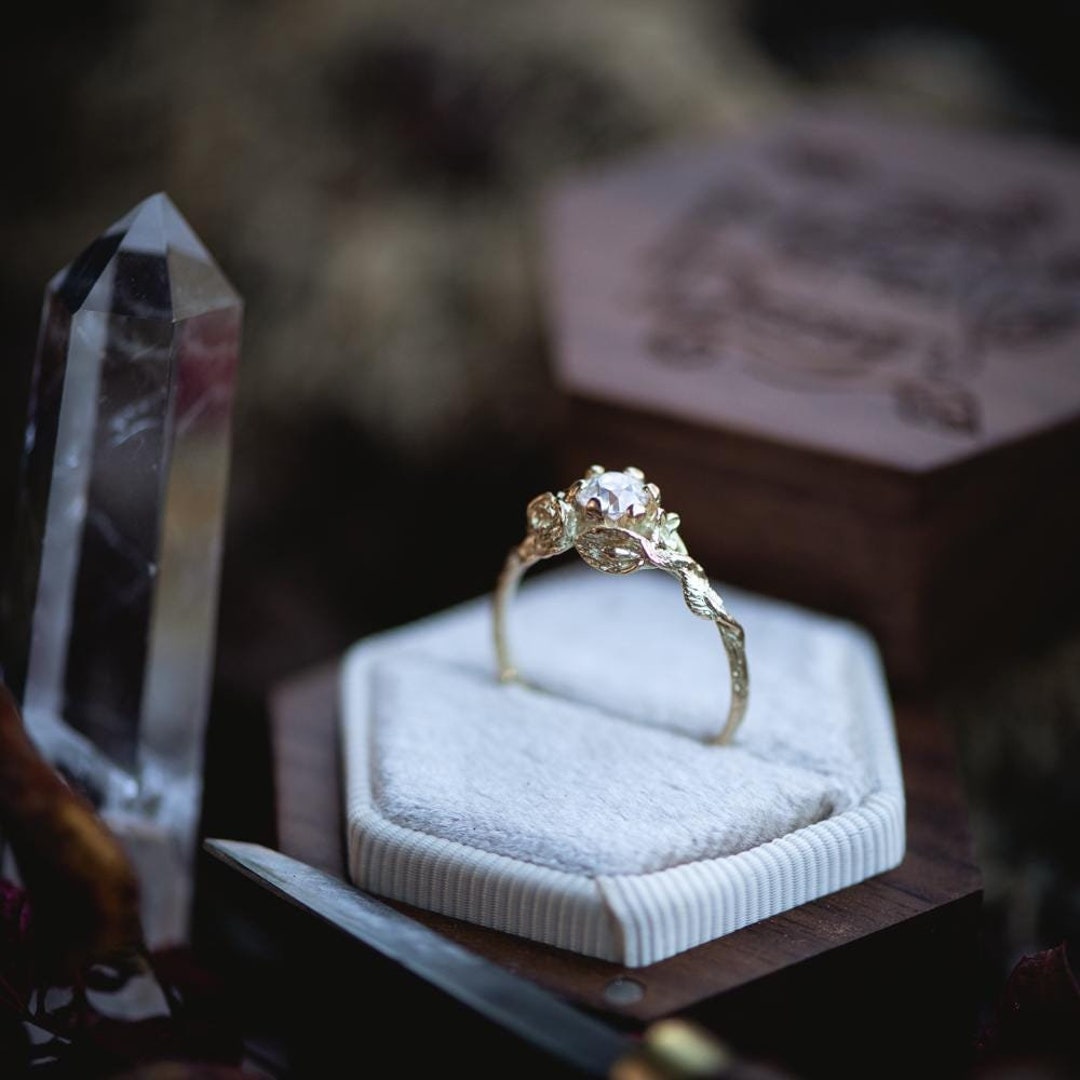 Hand Carved Flower Garden Ring in 14k Yellow Gold With Old European Cut ...