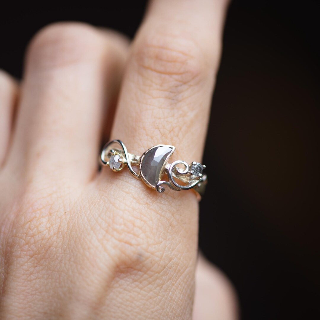 Starry Night - White Crescent Moon Shaped Rose Cut Diamond, With Leaves ...