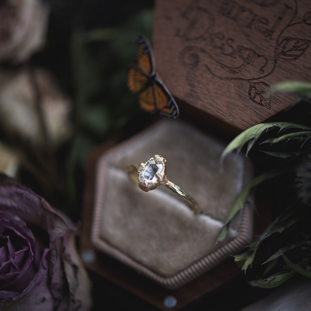 Hidden Dragonfly Engagement Ring - Rose Cut Oval Diamond -leaf Setting ...
