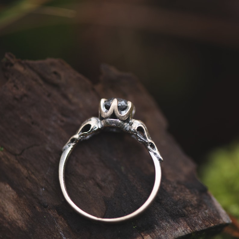 Custom Witchy Ring With Crow Skulls and Black Diamond - 14k Yellow Gold ...
