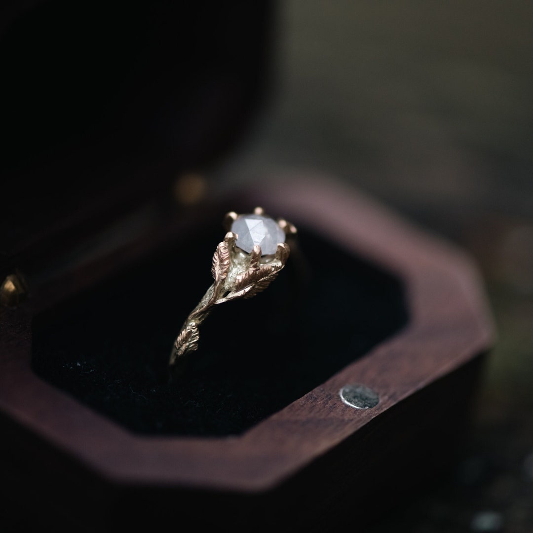 The Bramble Ring - Icy White Rose Cut Diamond in 14K Gold Leaf Twig ...