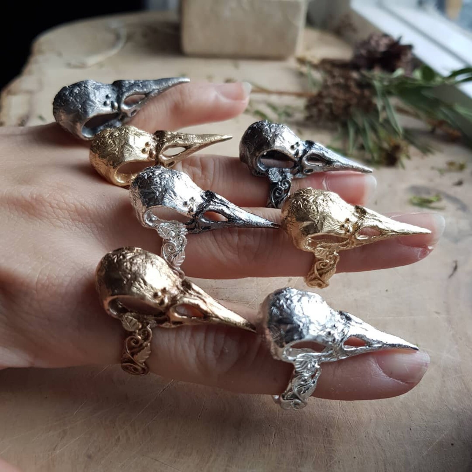 Raven Crow Skull Ring Handmade Skull Ring Overgrown With | Etsy