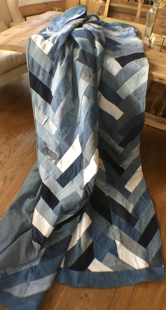Denim Blanket Denim Quilt Recycled Denim Comforter Chevron - Etsy