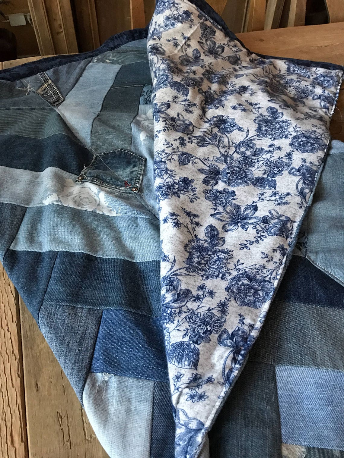 Recycled Denim Quilt, Chevron Herringbone Pattern, Custom Flannel Back ...