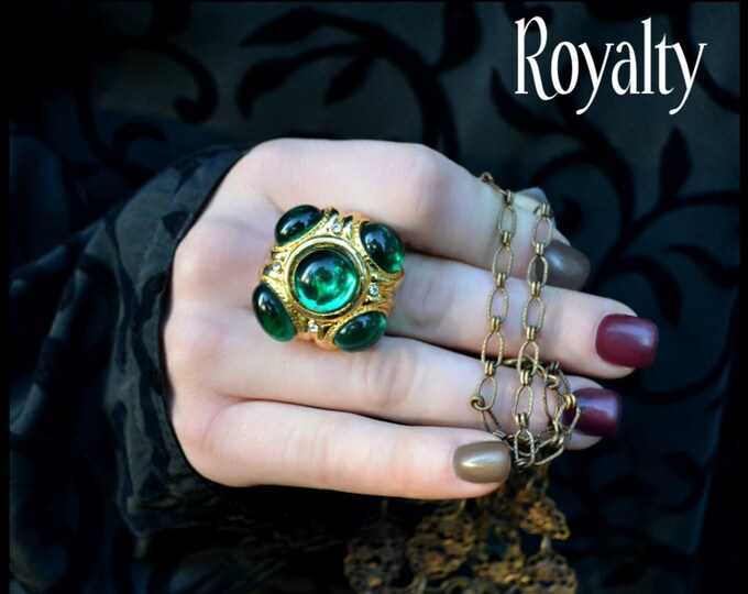 Royalty, Statement Ring, Emerald Stones, Size 9, Gold Filigree Setting ...