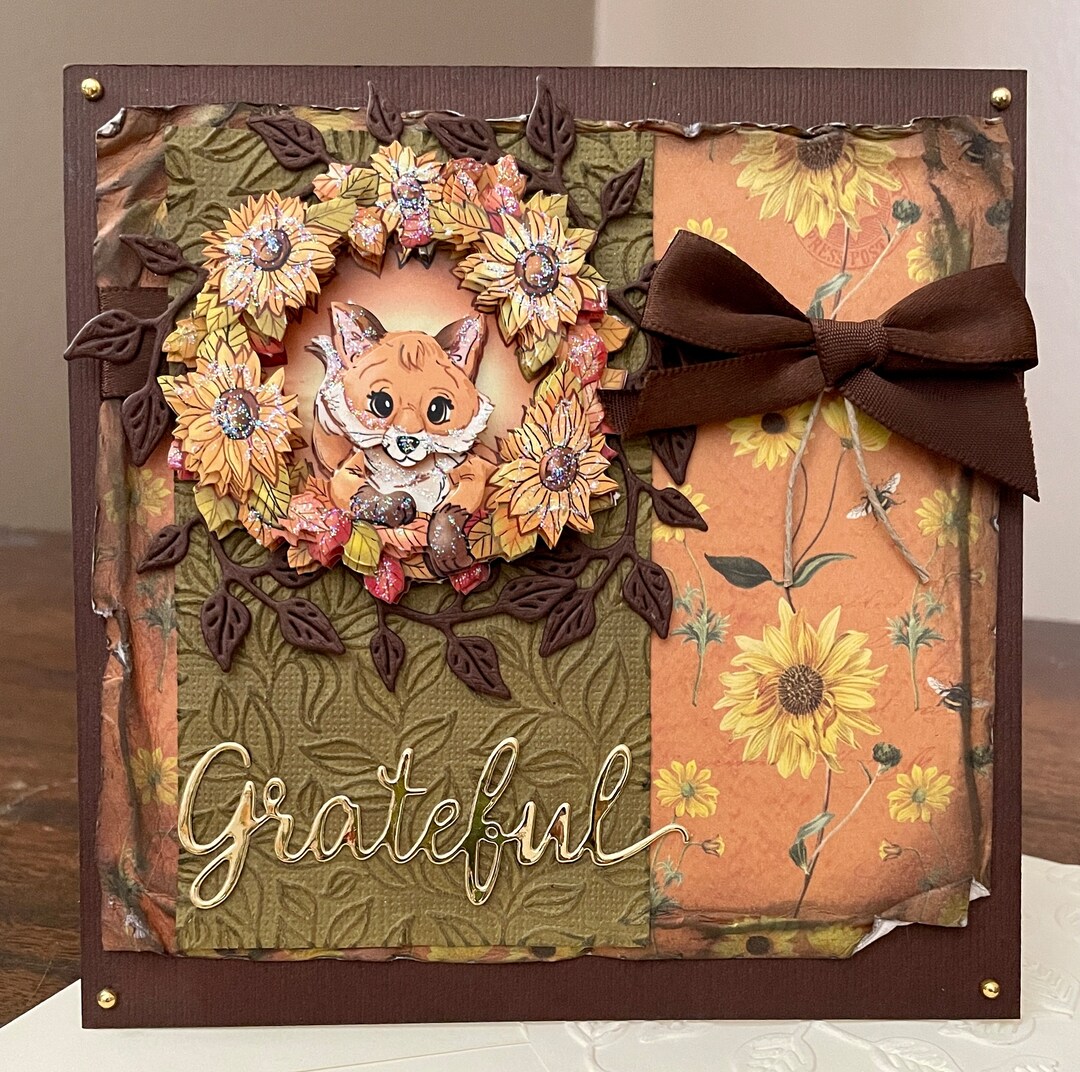 Thanksgiving Card, Fancy Greeting Card, Fox, Sunflowers, Leaves, 3D ...